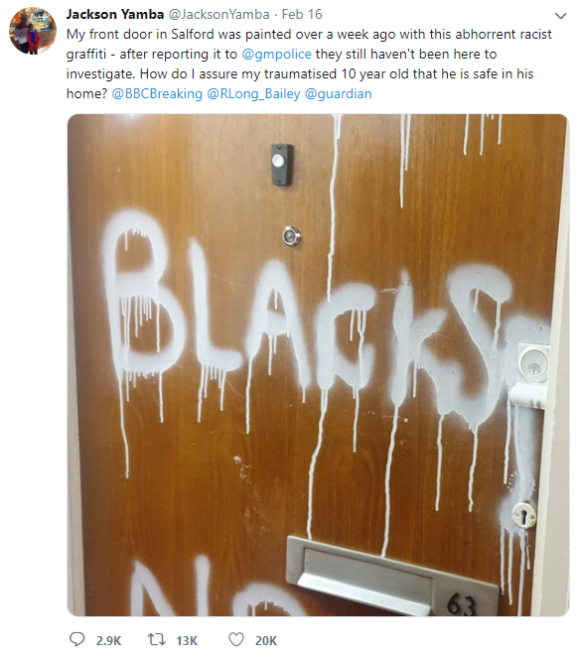 Father and Son Reportedly Endured 'No Blacks' Graffiti on Door for Days ...