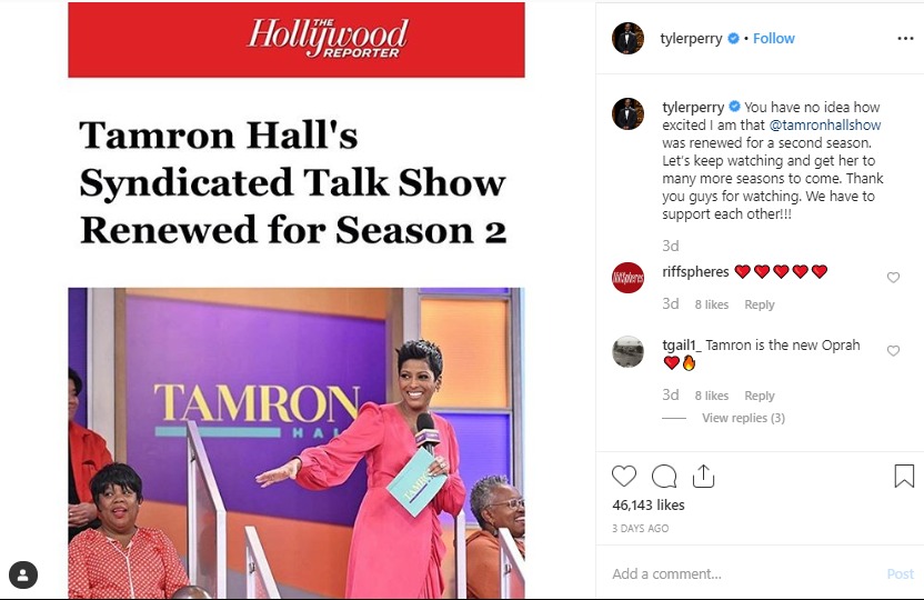 'Excited': Tyler Perry Celebrates Tamron Hall After Her Talk Show Is ...